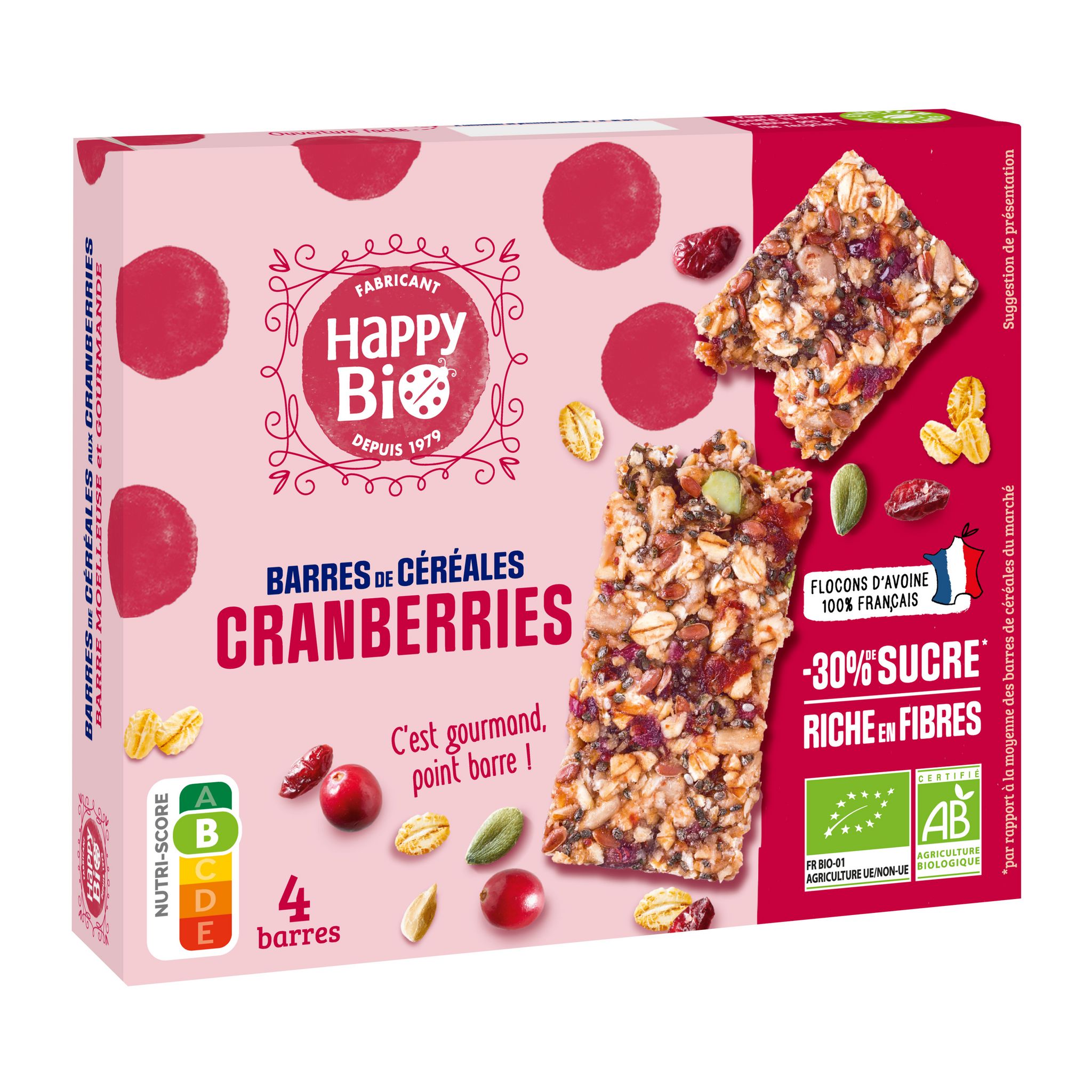 HAPPY BIO Barres de céréales cranberries bio 4x25g pas cher - Auchan.fr