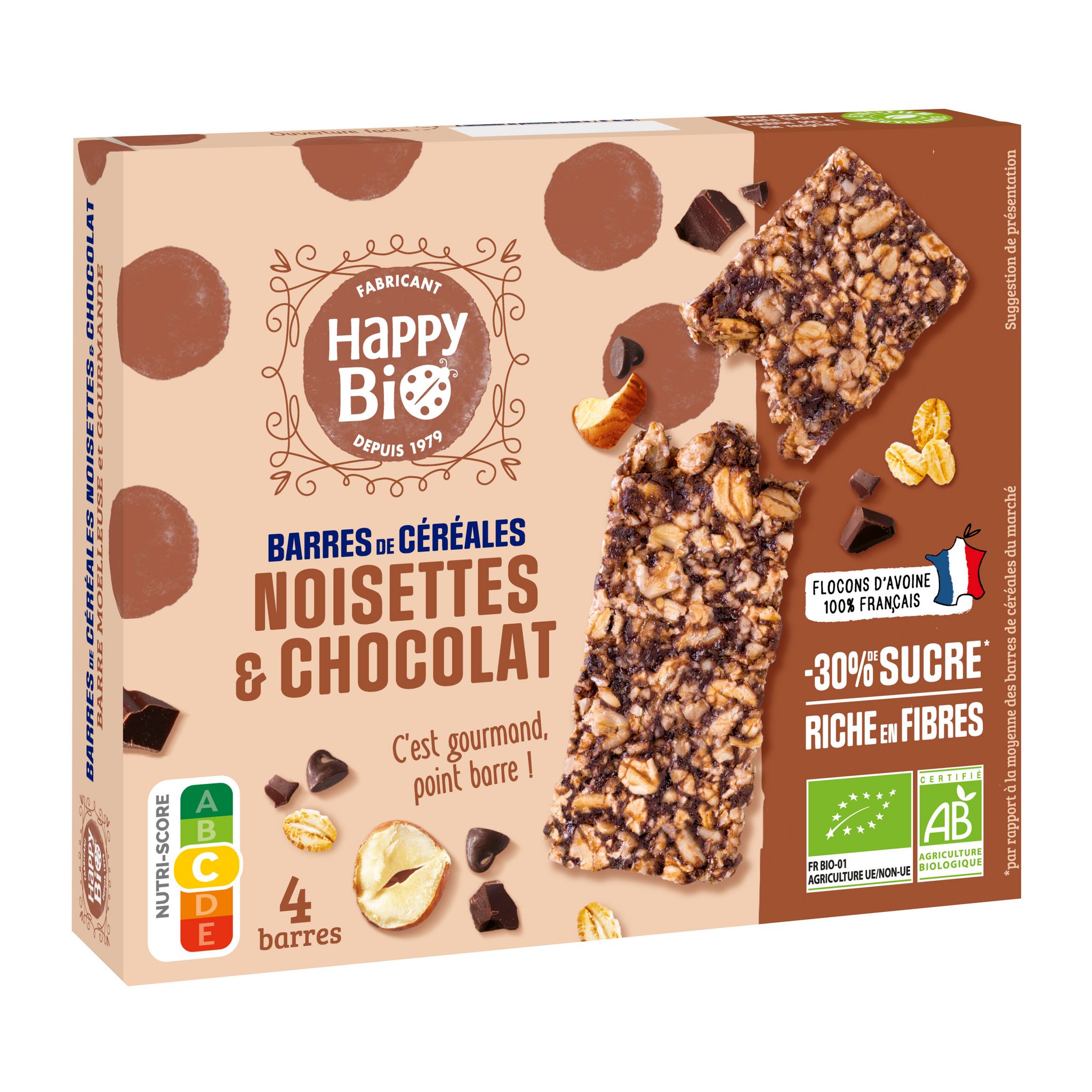 HAPPY BIO Barres de céréales bio noisettes chocolat 4 barres 4x25g pas ...