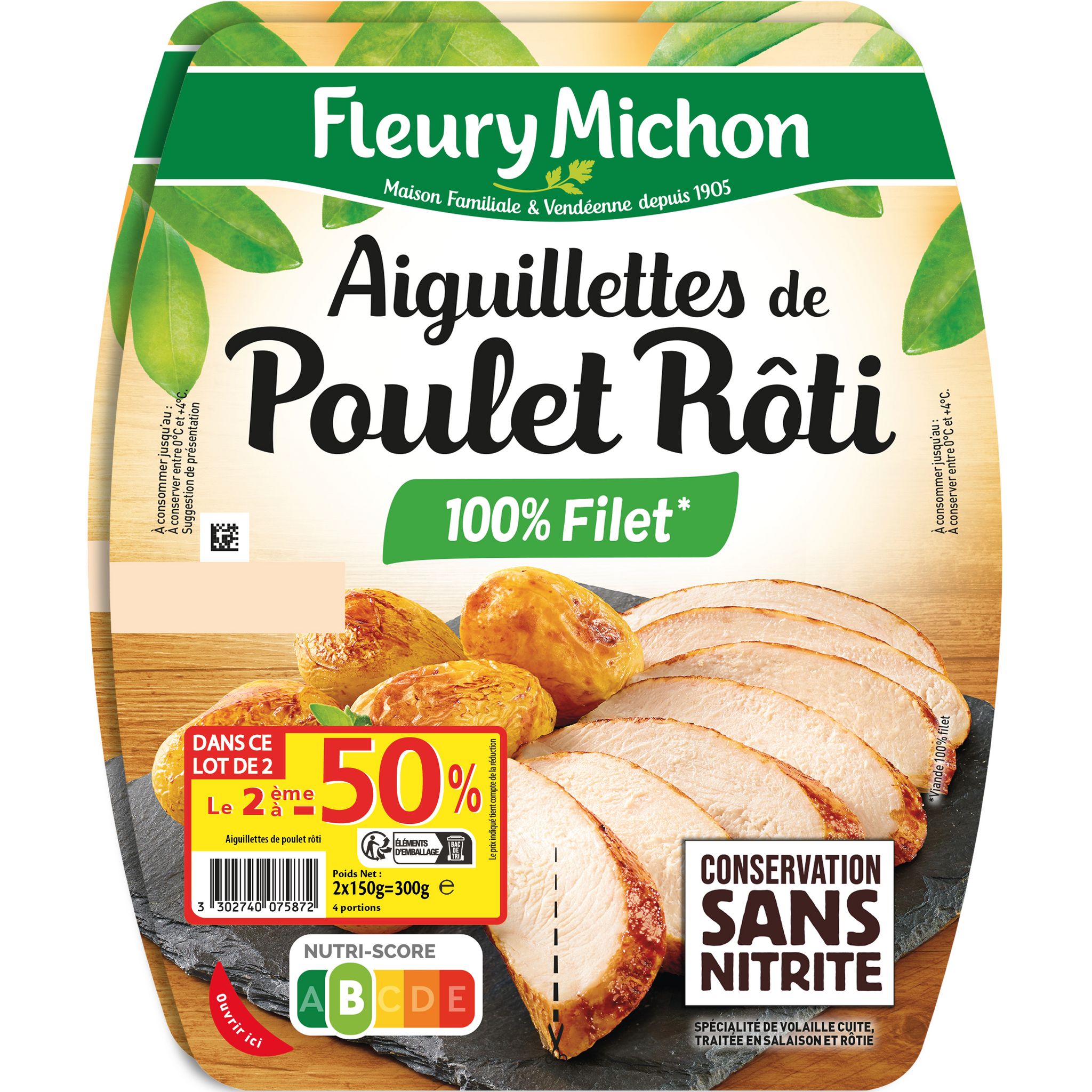 FLEURY MICHON Aiguillettes de poulet rôti sans nitrite 2x150g 300g pas ...