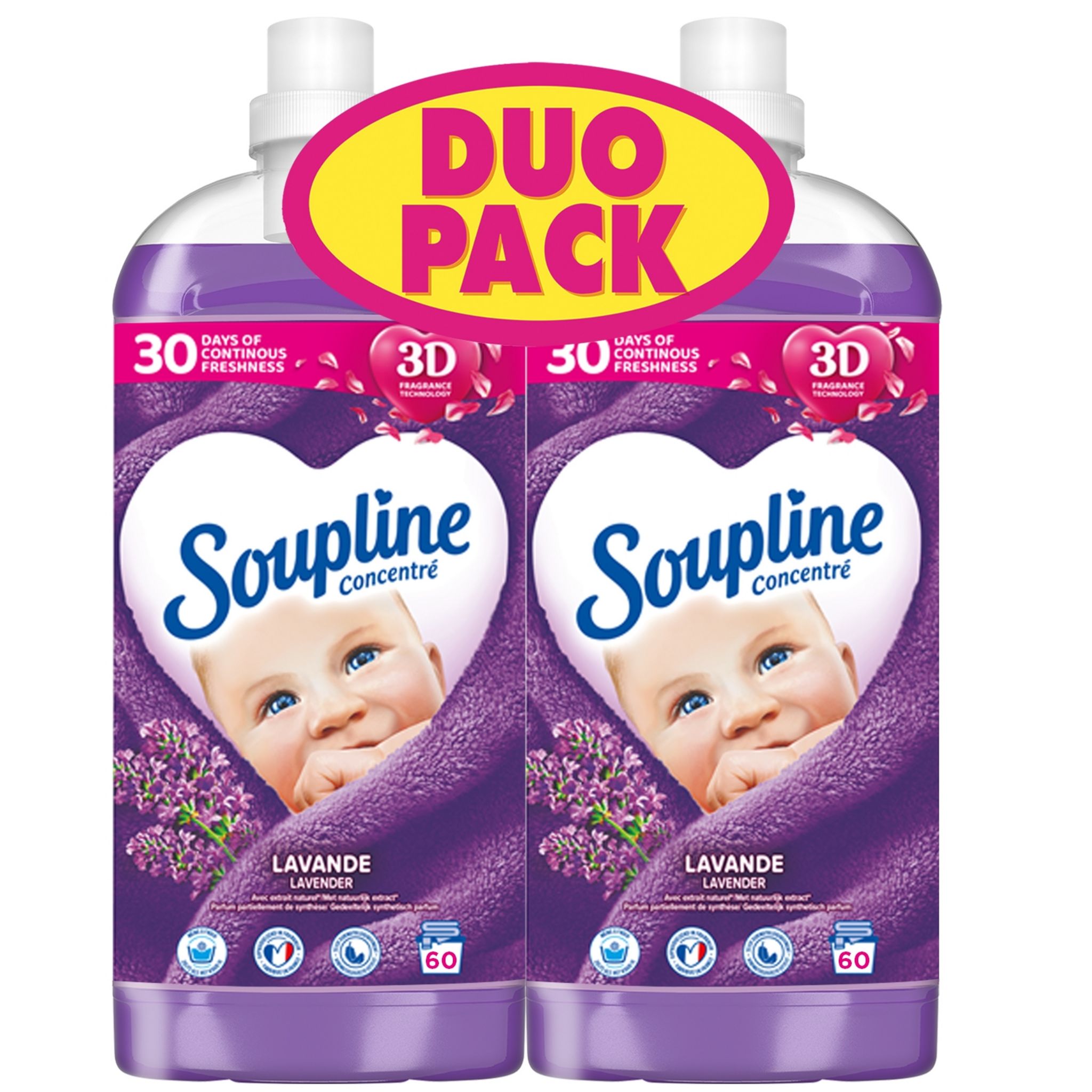 SOUPLINE Adoucissant concentré liquide lavande 2x1,35l pas cher - Auchan.fr