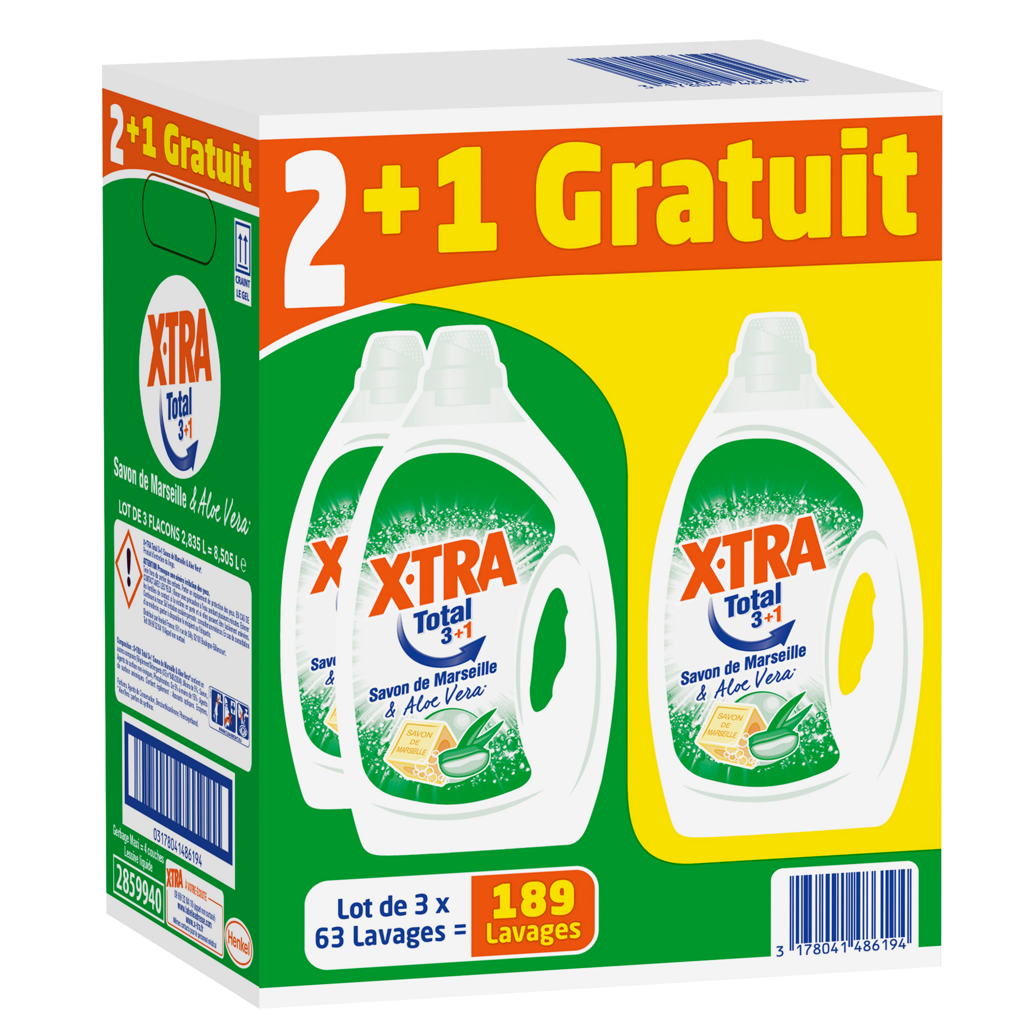 X-TRA Lessive liquide total 3+1 savon de Marseille et aloe vera 189 ...