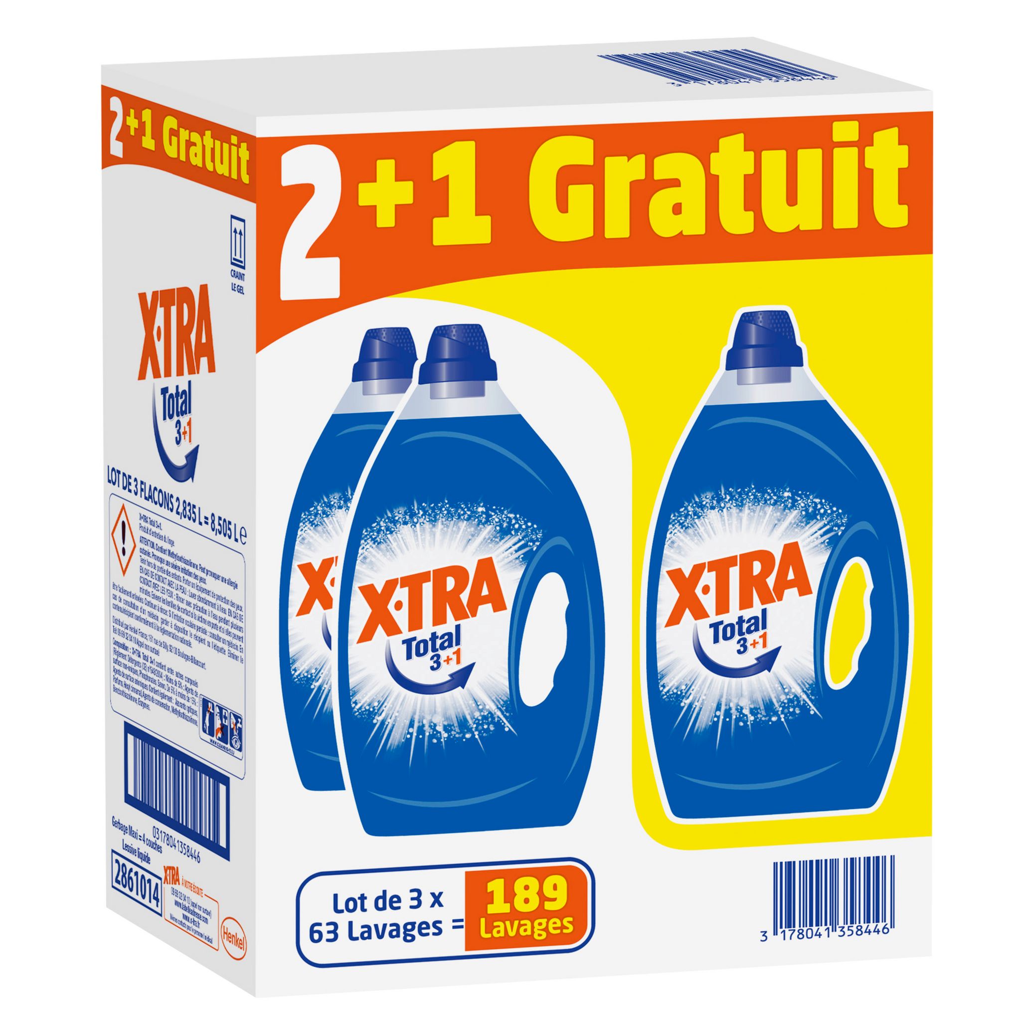X-TRA Lessive liquide total 3+1 189 lavages 3x2,835l pas cher - Auchan.fr