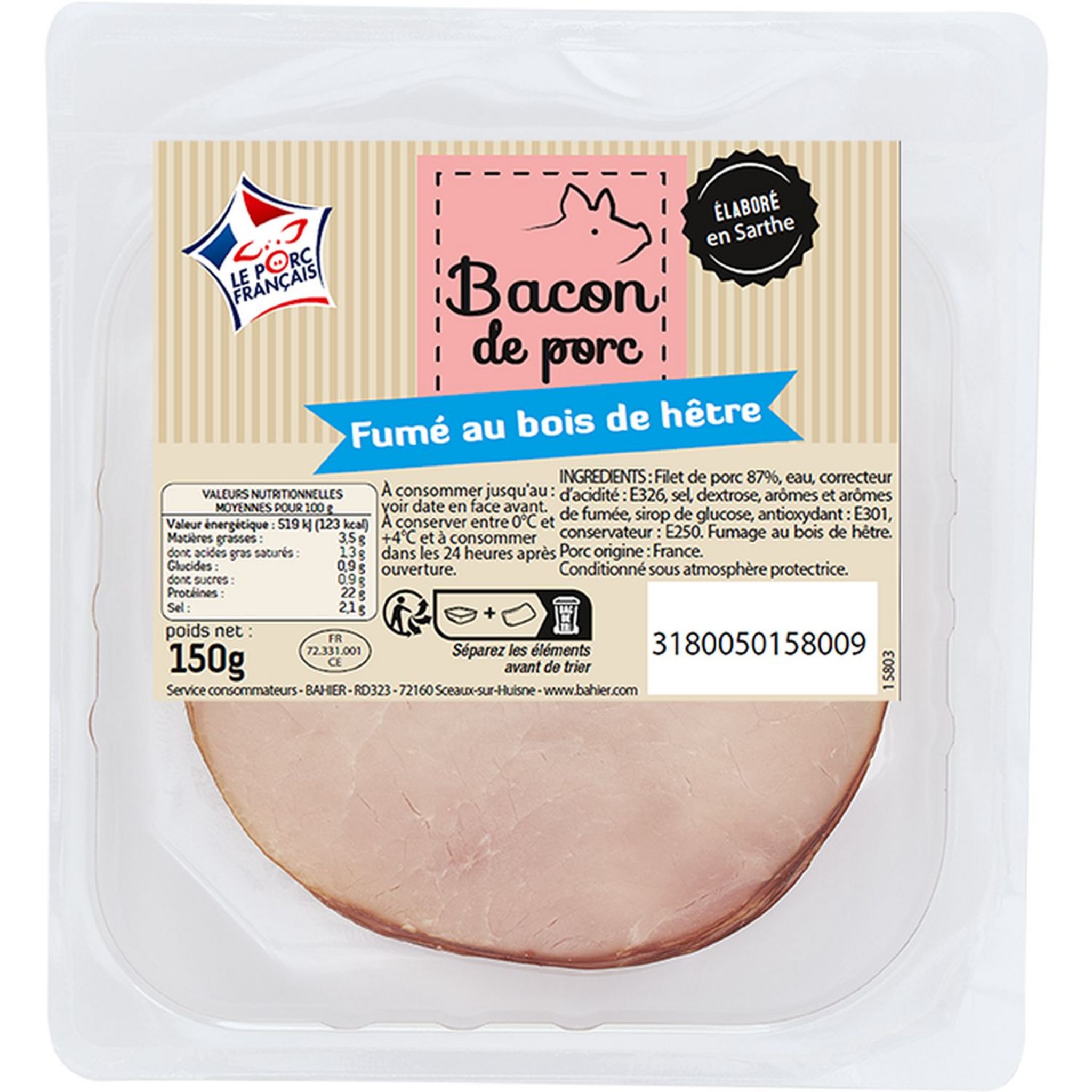 Bacon de porc fumé en tranches 150g pas cher - Auchan.fr