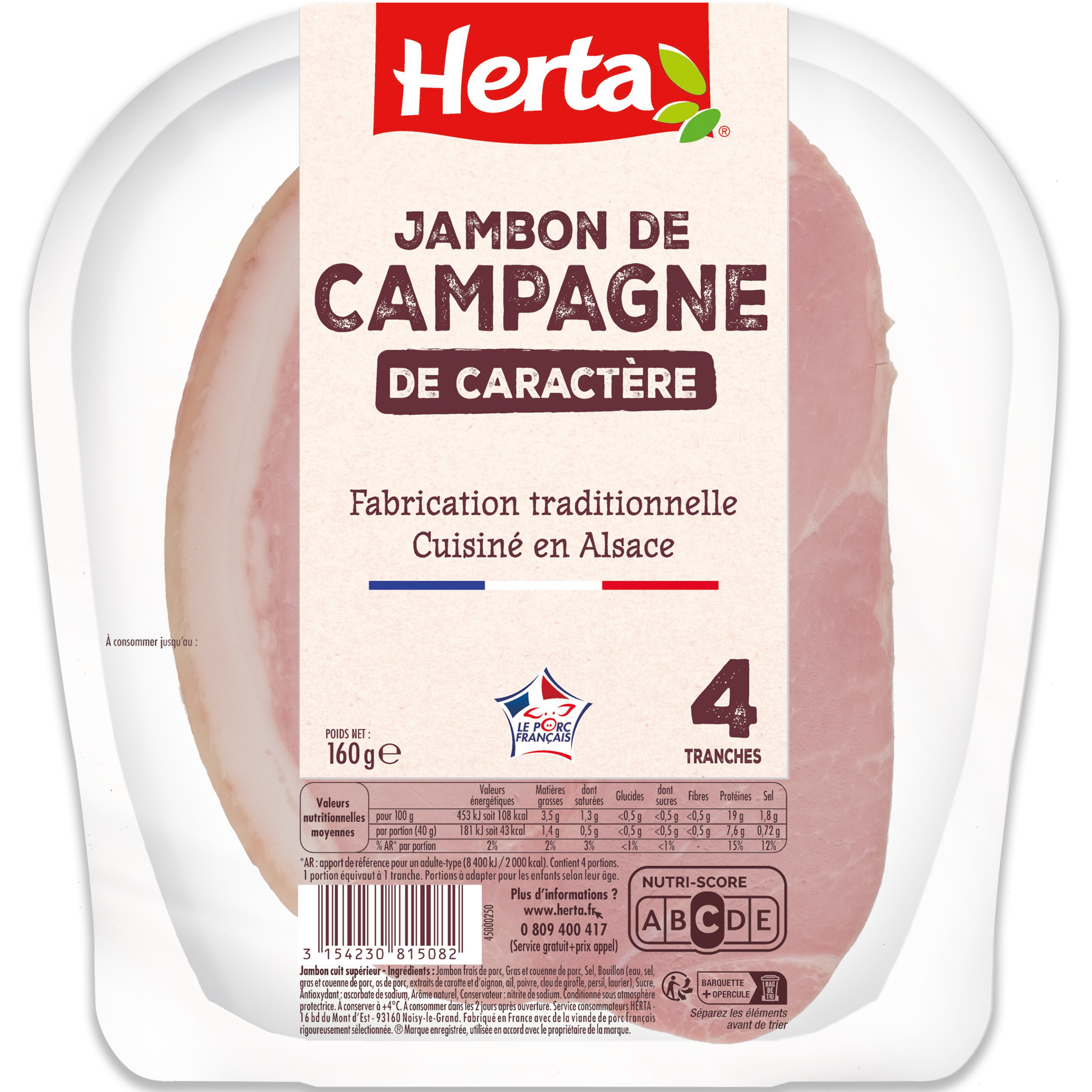 HERTA Jambon de campagne de caractère 4 tranches 160g pas cher - Auchan.fr