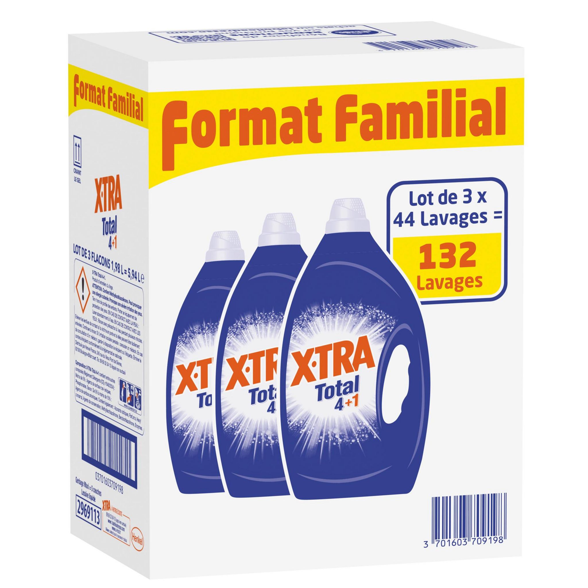X-TRA Lessive liquide Total 4+1 132 lavages 3x1.98l pas cher - Auchan.fr