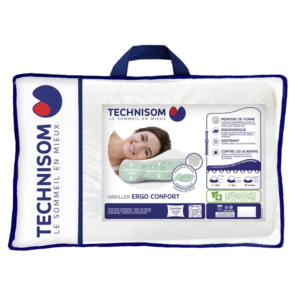 TECHNISOM Oreiller ergonomique respirant à mémoire de forme anti-acariens pas cher - Auchan.fr