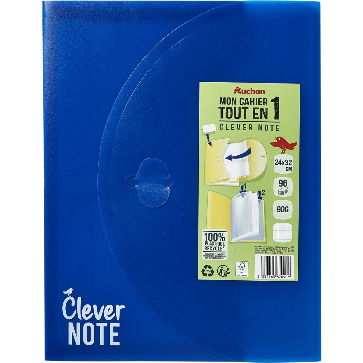 AUCHAN Cahier Clever Note 24x32 cm 96 pages grands carreaux Seyes bleu ...