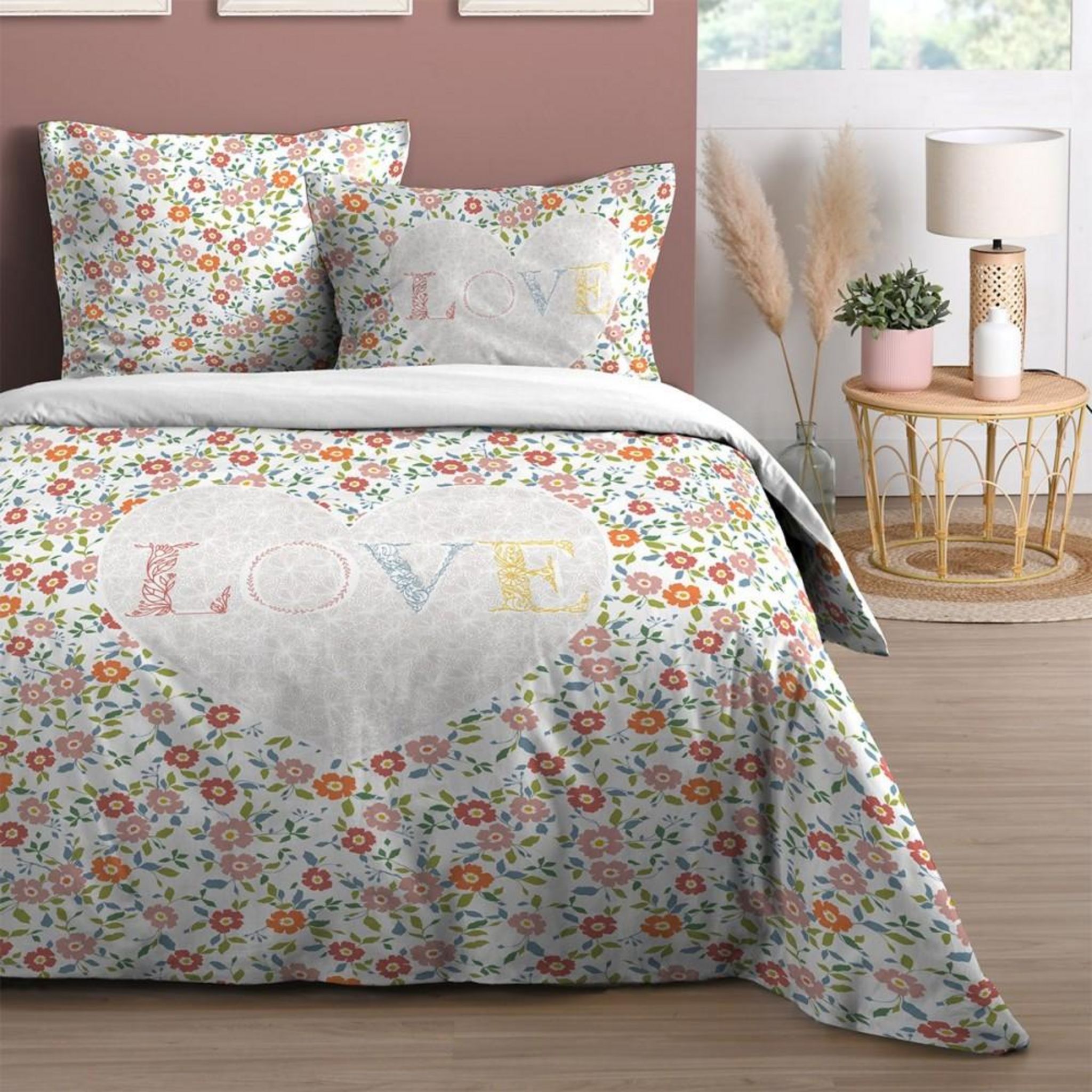 Lovely Casa Housse de couette 240x220 Fleurette + 2 taies coton 57 fils pas cher - Auchan.fr