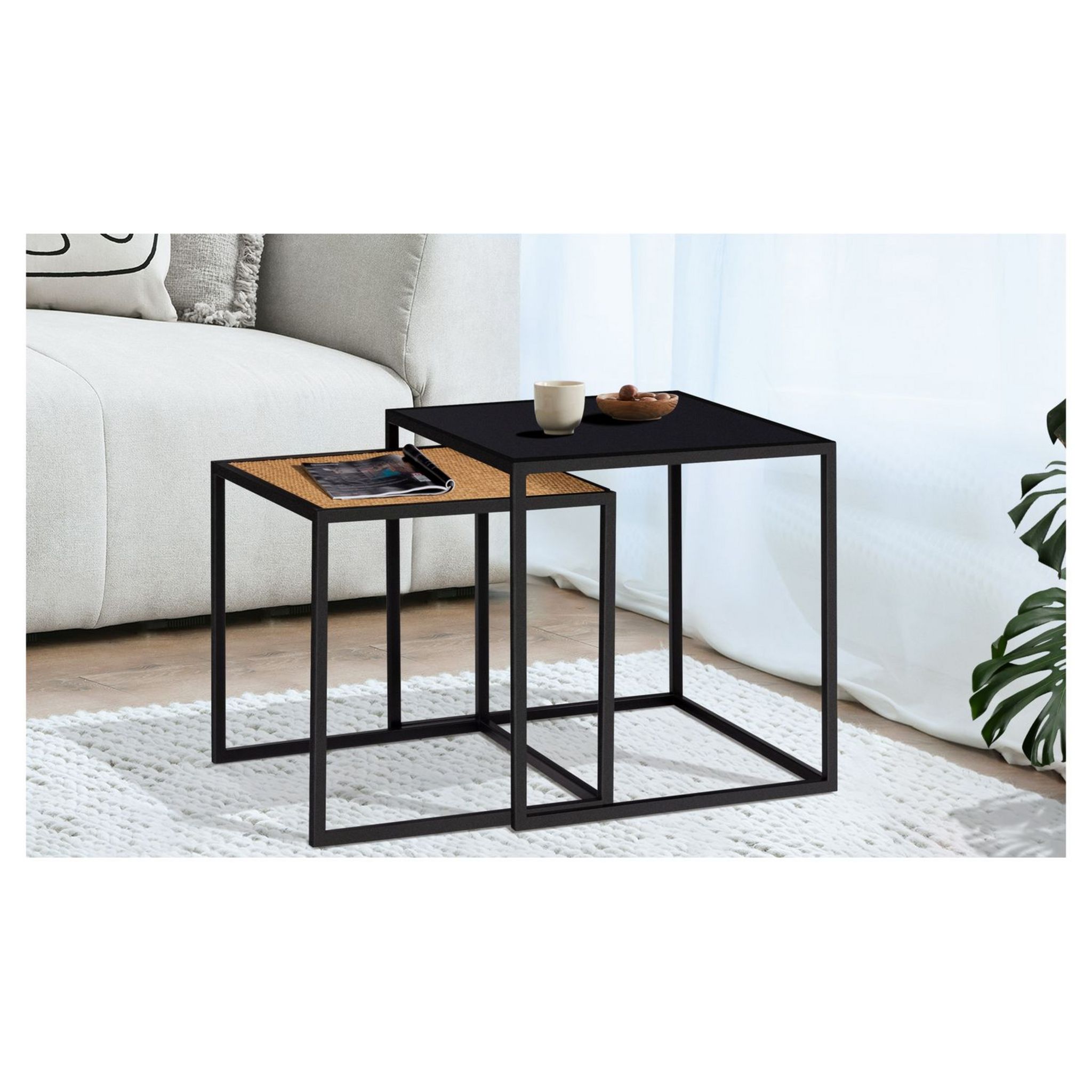 Lot de 2 tables basse Gigogne métal et cannage LAOS pas cher - Auchan.fr